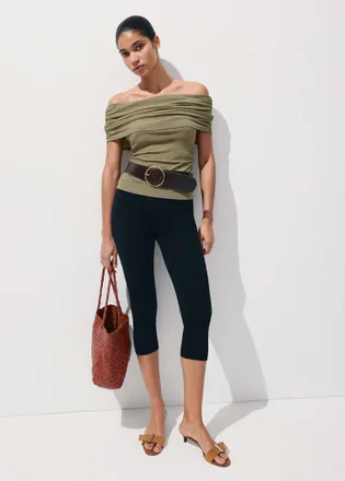 Mango T-shirt col bateau &agrave; fronces kaki - Femme - XS - MANGO