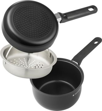 Navaris All-in-One Bratpfanne 3er Set - 19 cm - Keramik -Antihaftbeschichtung - PFAS und PFOA frei - Stielkasserolle und Dampfgarer - Kasserolle mit Deckel - 