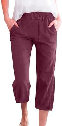 Generic Ydsxlp Pantalon d&eacute;t&eacute; en coton et lin pour femme - Couleur unie - Taille &eacute;lastique - Pantalon capri grande taille - Pantalon ample &agrave; jambe droite - Pan
