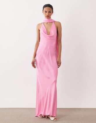 Asos Satin-Maxikleid mit Wasserfallausschnitt und Schaldetail-Rosa