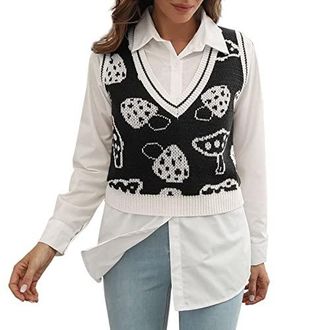 Generic Gilet sans Manche Femme Gilet Femme D&eacute;contract&eacute; Quotidien Ville Carreaux Style Preppy - Top Tricot&eacute; Col V pour Tenue &Eacute;tudiante Chic