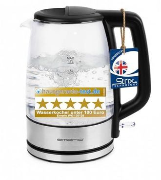 Emerio Glas Wasserkocher mit 1.7 Liter Volumen | 2200 Watt | blaue LED Innenbeleuchtung | 360&deg; Basis | bestes Borosilikatglas | Auto Off | Trockengeh- & &Uuml;ber