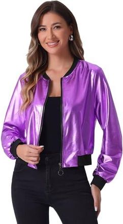 Allegra K Blouson Aviateur Zippé Métallique À Col Montant Et Mode Holographique Festival de Noël pour Femme Violets clairs S
