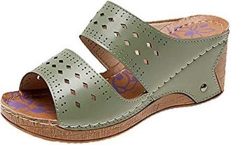 Generic Sandales compens&eacute;es en cuir de couleur unie pour femme - Sandales &agrave; double sangle - Sandales larges &agrave; bout ouvert - Chaussures de marche d&eacute;contract&eacute;es