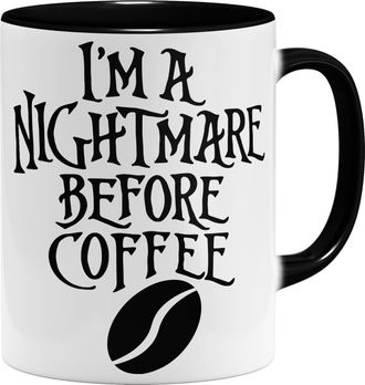 OM3 A Nightmare Before Coffee Kaffee-Tasse mit Spruch - Statement - Weihnachten - Keramik Becher - 325ml - Beidseitig Bedruckt - Schwarz