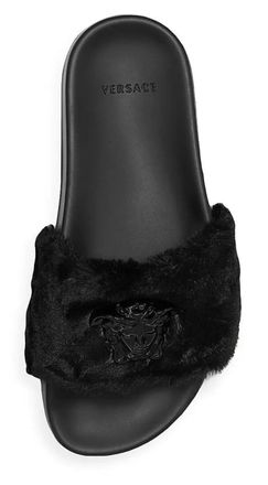 Versace Black Faux Fur Medusa Slides Size 37