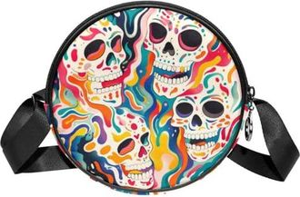 Generic Petit sac &agrave; bandouli&egrave;re circulaire pour femme, motif cr&acirc;nes, petit sac &agrave; dos &agrave; bandouli&egrave;re avec fermeture &eacute;clair, bretelles r&eacute;glables, sac &agrave; main rond