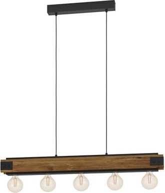 Eglo Suspension Layham, lampe suspendue 5 flammes vintage, industrielle, r&eacute;tro, suspension en acier et bois noir et naturel, lampe de salle &agrave; manger, lampe