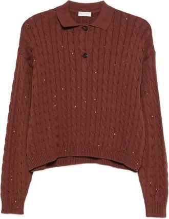 Brunello Cucinelli Femme, Pulls, Brun, Taille: 40 FR Dazzling Cables Knit Polo