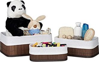 Relaxdays Aufbewahrungskorb 3er Set, Stoffbezug, Bambus, rechteckig, Bad, Accessoires, Spielzeug, Allzweckkorb, braun, 20 x 30 x 13 cm