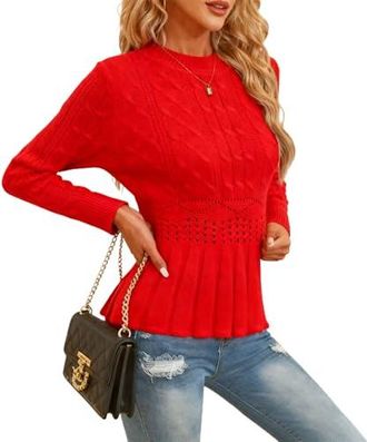 Generic Haut en tricot épais à col rond et manches longues pour femme - Automne et hiver 2025 - Doux et léger - Coupe ajustée - Coupe ajustée - Tricot torsadé