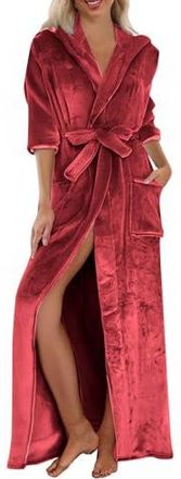 Generic Peignoir long en polaire pour femme - Peignoir de douche &agrave; capuche avec poches - Peignoir &agrave; capuche en polaire chaude - Robe de chambre extra longue e