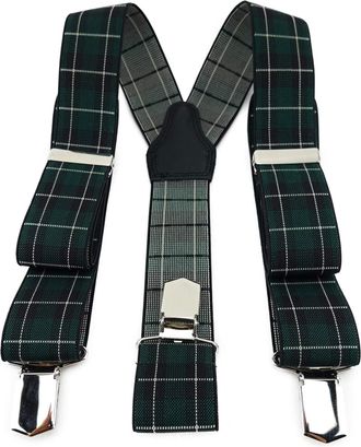 TigerTie Unisex Hosentr&auml;ger in Y-Form mit 3 extra starken Clips - Farbe in gr&uuml;n creme schwarz kariert - hochwertige Verarbeitung - Breite 35 mm