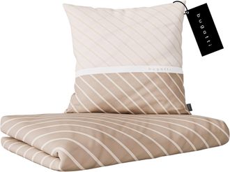 Bugatti Bettwäsche 140 x 200 cm - 100% Baumwolle, Reißverschluss, anschmiegsam, weich & waschbar, Mako Satinbettwäsche gestreift beige Österreich Größe