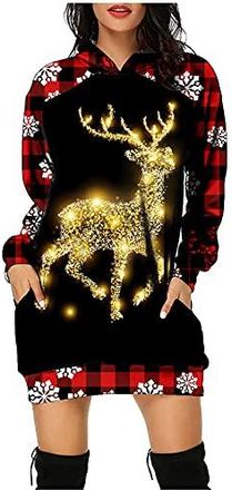 Generic Robe De No&euml;l Vintage- Pull De No&euml;l Famille- pour Femme Robe Sweat Automne Hiver L&eacute;ger &Agrave; Manches Longues Sweat &Agrave; Capuche Ample Pullover Ugly Christmas 