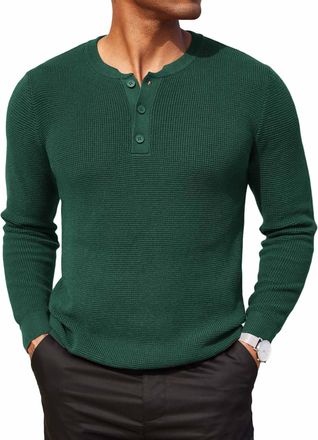 Coofandy Herren Henley Pullover Strickpullover Winterpullover mit Knöpfe Sweater Grobstrickpullover Waffel Pulli Seegrün XL