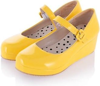 Generic Femmes Talon Compens&eacute; Plate-Forme Escarpins Bout Rond Cuir Verni Mary Janes Bride De Cheville Chaussures Habill&eacute;es R&eacute;tro avec Boucle,Jaune,39 EU