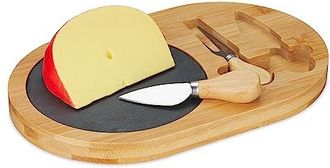 Relaxdays Käsebrett mit Käsemesser Set, Bambus Käseplatte mit Schiefer & Käsebesteck, B x T: 28 x 18 cm, Natur/schwarz