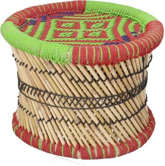 Guru Shop Indischer Korbhocker, Bambushocker, Sitzpuff, Korb Aufbewahrung 28x35x35 cm - Rot/bunt