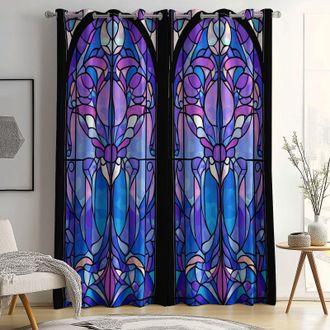 Generic Gothic-Stil Glas Muster Blickdichte Vorh&auml;nge H200 x B70 cm (2er Pack) - Buntglas Kirchenfenster Optik, Lila Blau Pink Mosaik Design, Verdunkelungs-&Ouml;se