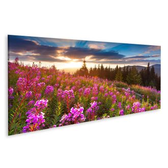 Islandburner Bild Bilder auf Leinwand Sch&ouml;ne Herbstlandschaft in den Bergen mit rosa Bl&uuml;ten. Wandbild Poster Leinwandbild SRN
