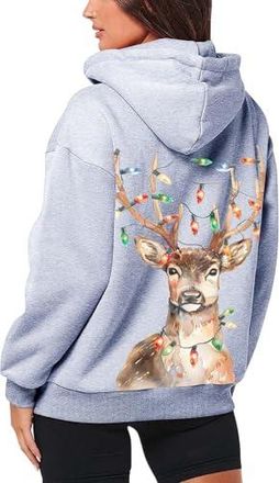 Generic Sweat &agrave; capuche &agrave; manches longues avec cordon de serrage et fermeture &eacute;clair pour femme Motif cerf sautant, blanc, XXL