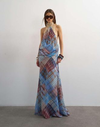 Topshop Robe longue dos nu pliss&eacute;e sur les c&ocirc;t&eacute;s - Carreaux et pois-Bleu
