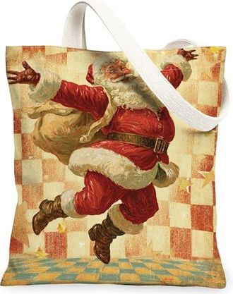 Generic Sacs fourre-tout vintage en toile avec motif P&egrave;re No&euml;l - L&eacute;gers et lavables - Pour les courses, lext&eacute;rieur, Rouge, 13x15 Inch
