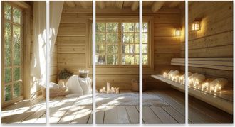 Islandburner Bild auf Leinwand Gemütliches hölzernes Saunainterieur mit Kerzenlicht für Sauna Wellness-Enthusiasten Spa Bilder Wandbilder Poster