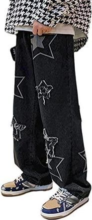 ORANDESIGNE Jeans Homme Y2K Jeans Garçon Décontracté Pantalon Large Lâche Mode Harajuku Skateboard Denim Pantalon Droit Printemps Automne Vêtement de Rue H Noir X