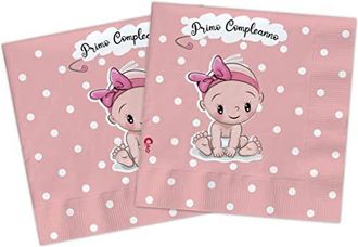 Ciao Italy Kompostierbare Papierservietten zum ersten Geburtstag (33 x 33 cm, Doppeltuch), 20 Stück, rosa, 34766