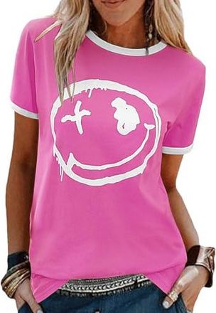 Heekpek Lonya Tee Shirt Femme Manches Courtes D&eacute;t&eacute; Blouse Chic Tops El&eacute;gant T-Shirt D&eacute;contract&eacute;s Imprim&eacute;s Smile Face Chemisiers Rouge Ros&eacute;,XXL