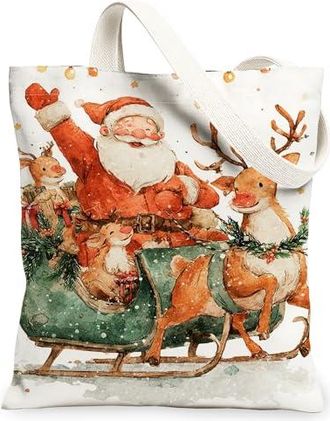 Generic Sacs fourre-tout en toile motif P&egrave;re No&euml;l, sacs de courses r&eacute;utilisables, vintage de No&euml;l, l&eacute;gers et lavables avec bandouli&egrave;re pour cadeaux, courses, 