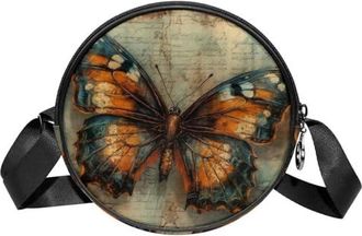 Generic Sac &agrave; bandouli&egrave;re rond pour femme, motif papillon vintage, petit sac &agrave; bandouli&egrave;re avec fermeture &eacute;clair, bretelles r&eacute;glables, sac &agrave; main rond d&eacute;contr