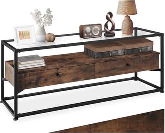 TecTake Buffet Salon, Salle a Manger 121,5 x 41,5 x 50,5 cm, Plateau en Verre 115,8 x 35,8 x 0,5 cm, Buffet Bas Style Industriel, Vaisselier, 2 tiroirs, Meubl