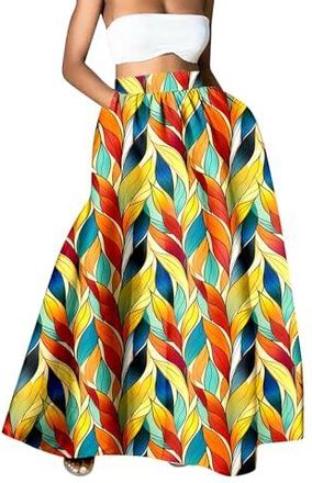 Generic Jupes pour femmes, jupe &agrave; imprim&eacute; floral, taille haute, poche de plage, jupe longue 2026, jupe trap&egrave;ze pour femme, grande taille, jupe trap&egrave;ze, Vert, 