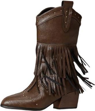 Generic Bottes de cowboy larges et d&eacute;contract&eacute;es mi-mollet pour femme - &Eacute;l&eacute;gantes franges - Bout pointu - Fermeture &eacute;clair lat&eacute;rale - Talon &eacute;pais - Confortabl