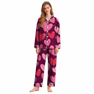 Generic Ensemble de pyjama 2 pi&egrave;ces pour femme avec imprim&eacute; coeur mignon, v&ecirc;tements de nuit en satin de soie, v&ecirc;tements de nuit &agrave; manches longues, hauts et pa