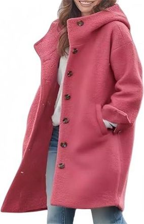 Generic Manteau dhiver long &agrave; boutonnage simple pour femme avec capuche en laine m&eacute;lang&eacute;e d&eacute;contract&eacute;e, rose rouge, XXL