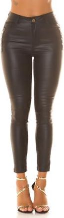 Koucla Pantalon skinny aspect cuir - Taille haute - Pantalon skinny - Pantalon stretch avec boutons d&eacute;coratifs, Noir, W40