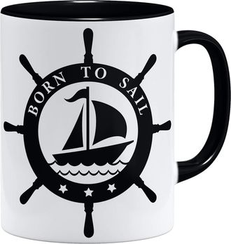 OM3 Born To Sail Segel Kaffee-Tasse mit Spruch- Keramik Becher - 11oz 325ml - Beidseitig Bedruckt - Schwarz