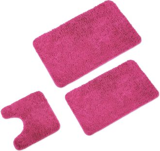 WohnDirect Badematten Set 3tlg - 3X Badvorleger (45x45 + 50x80 + 60x100cm) - Badteppich rutschfest & Waschbar - MIT WC Ausschnitt - Pink
