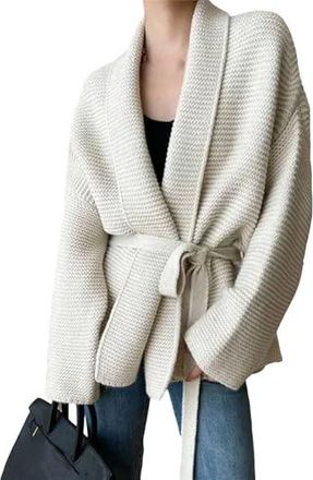 Generic Cardigan en tricot pour femme avec ceinture - Cardigan ample surdimensionn&eacute; - Kaki uni - Chaud - &Agrave; lacets - Manteaux tendance, Abricot, taille unique