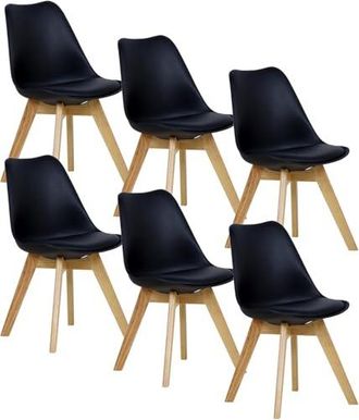 Woltu Lot de 6 Chaises de Salle &agrave; Manger avec Si&egrave;ge Rembourr&eacute;, Chaise de Salon Scandinave sur Pieds en Bois Massif, Noir, BH29sz-6