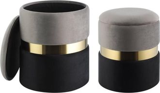 Eglo Living 2er Set Hocker mit Stauraum Mashike, elegante Sitzhocker, runde Couch Beistellhocker, Pouf aus Samt in Grau-Schwarz und Metall in Gold