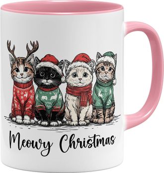 OM3 Meowy Christmas Kaffee-Tasse mit s&uuml;&szlig;en K&auml;tzchen - Weihnachtstasse 4 niedliche Katzen - Keramik Becher - 325ml - Beidseitig Bedruckt - Rosa