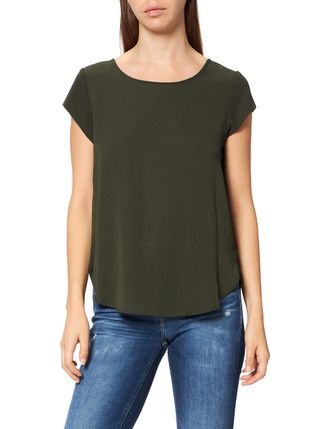 Only Damen Einfarbige Kurzarm Bluse Basic Rundhals Ausschnitt Blusen T-Shirt Blouse Oberteil ONLVIC, 15142784,Verde (Green Rosin),44