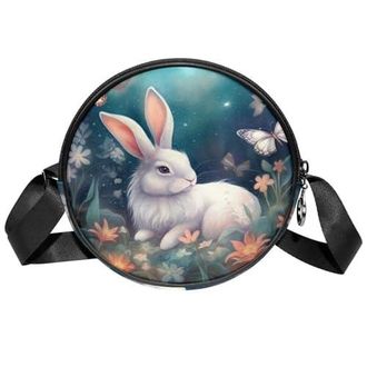 Generic Petit sac &agrave; bandouli&egrave;re circulaire pour femme, motif floral, lapin, sac &agrave; dos &agrave; bandouli&egrave;re avec fermeture &eacute;clair, bretelles r&eacute;glables, sac &agrave; main ron