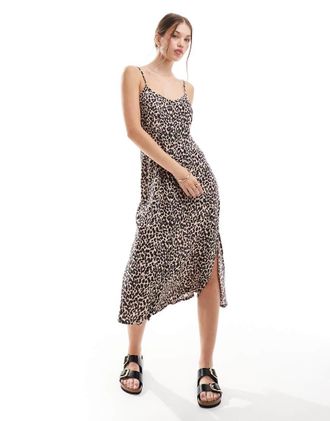 Superdry Bedrucktes Camisole-Midikleid mit Leopardenmuster in Rosa und Knopfleiste