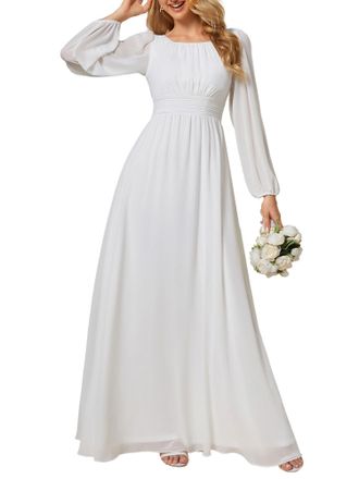 Ever-pretty Abendkleider Elegantes Damen F&uuml;r Hochzeit Lang Langarm Brautjungfernkleid Chiffon V-Ausschnitt Ballkleider Wei&szlig; 36